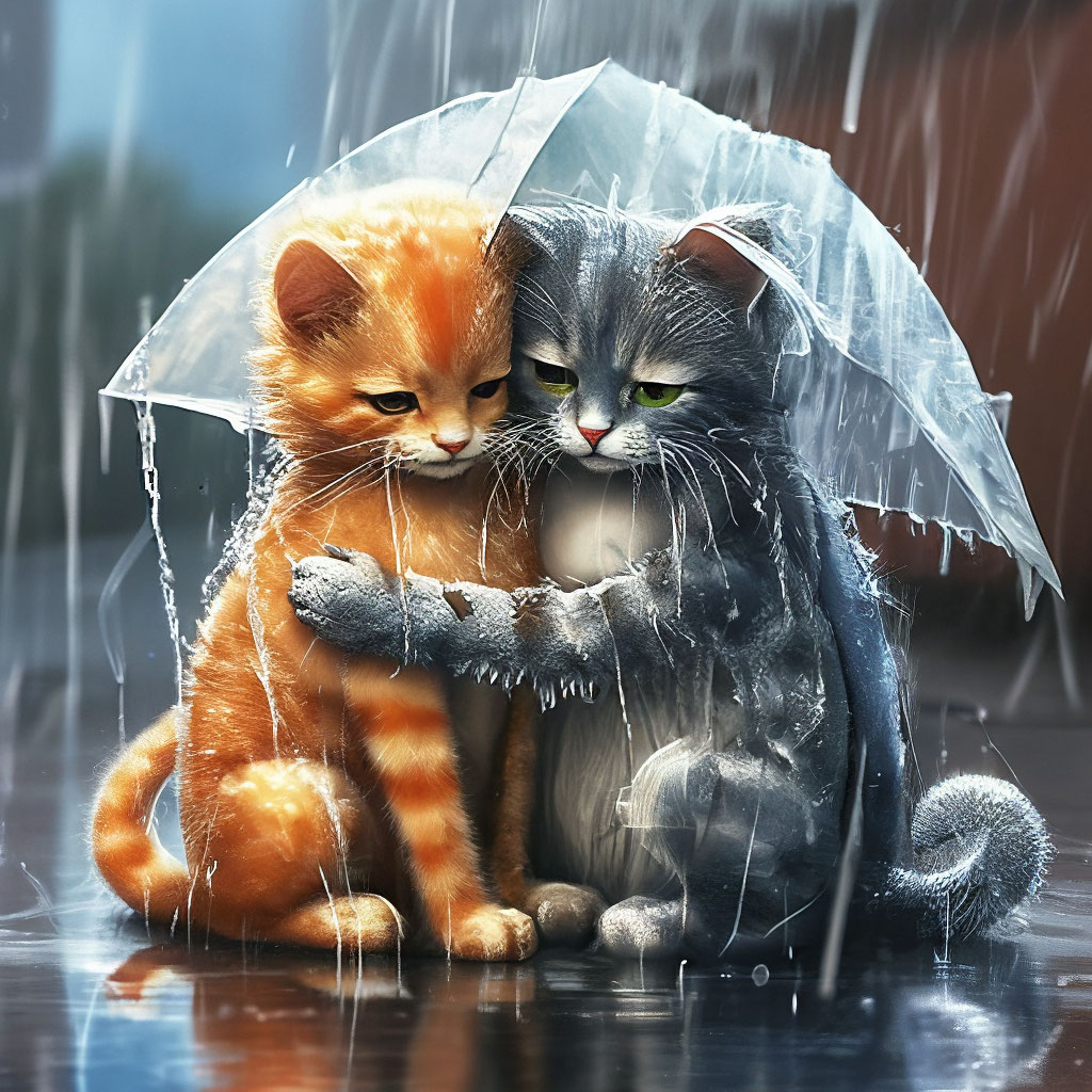 "Two cats are sitting hugging in the rain, wet, covered with cellophane ...