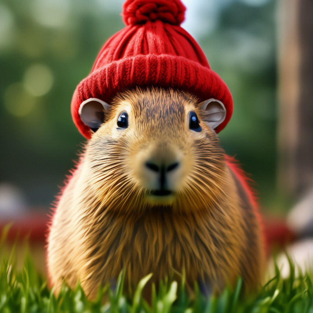 "Капибара baby capybara in a red knitted cap sits in the grass, fish ...