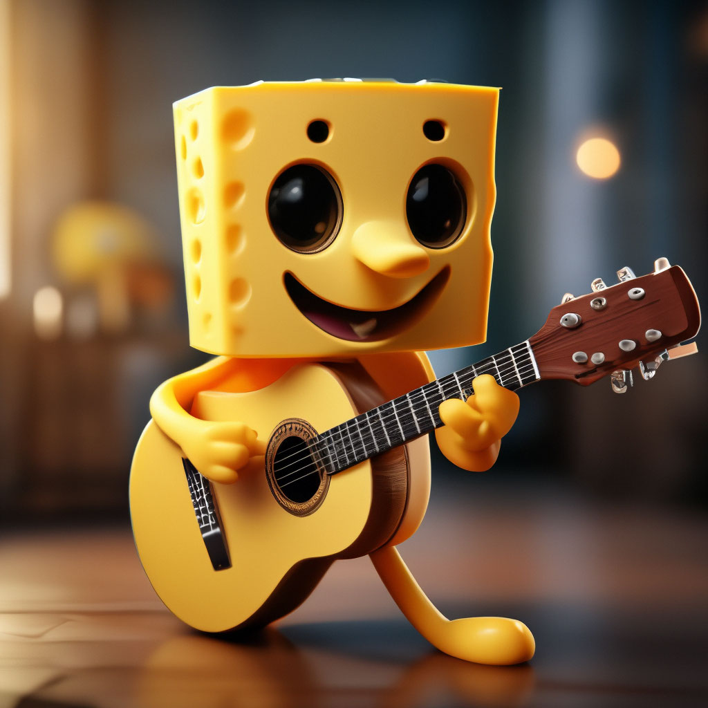 "Cheese plays the guitar" — image created in Shedevrum