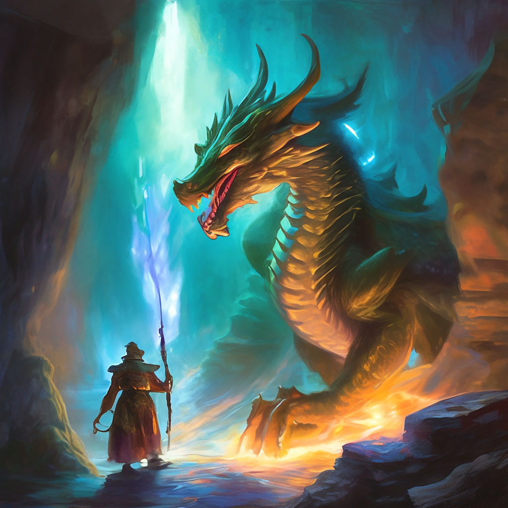 "A majestic dragon guards the treasures in a cave illuminated by ...