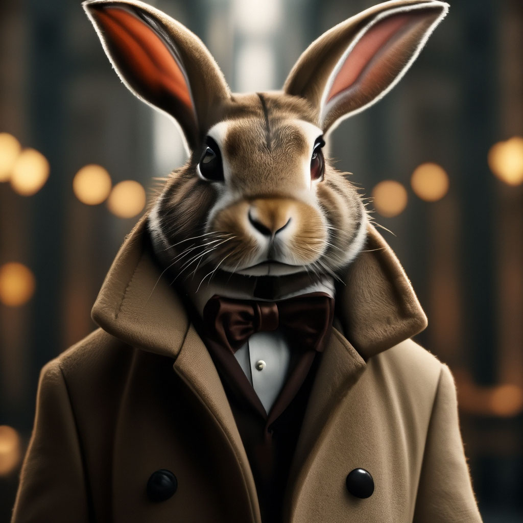"A rabbit in a coat, like a man, and a…" — image created in Shedevrum
