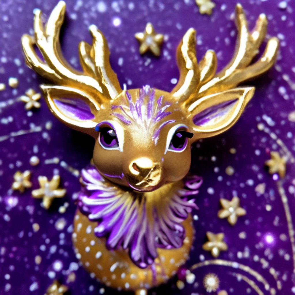 "Toy: a small, beautiful golden fawn, a purple snowflake on his ...