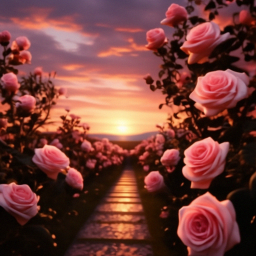 «A realistic alley of rose-blooming trees, roses bloomed on the trees ...