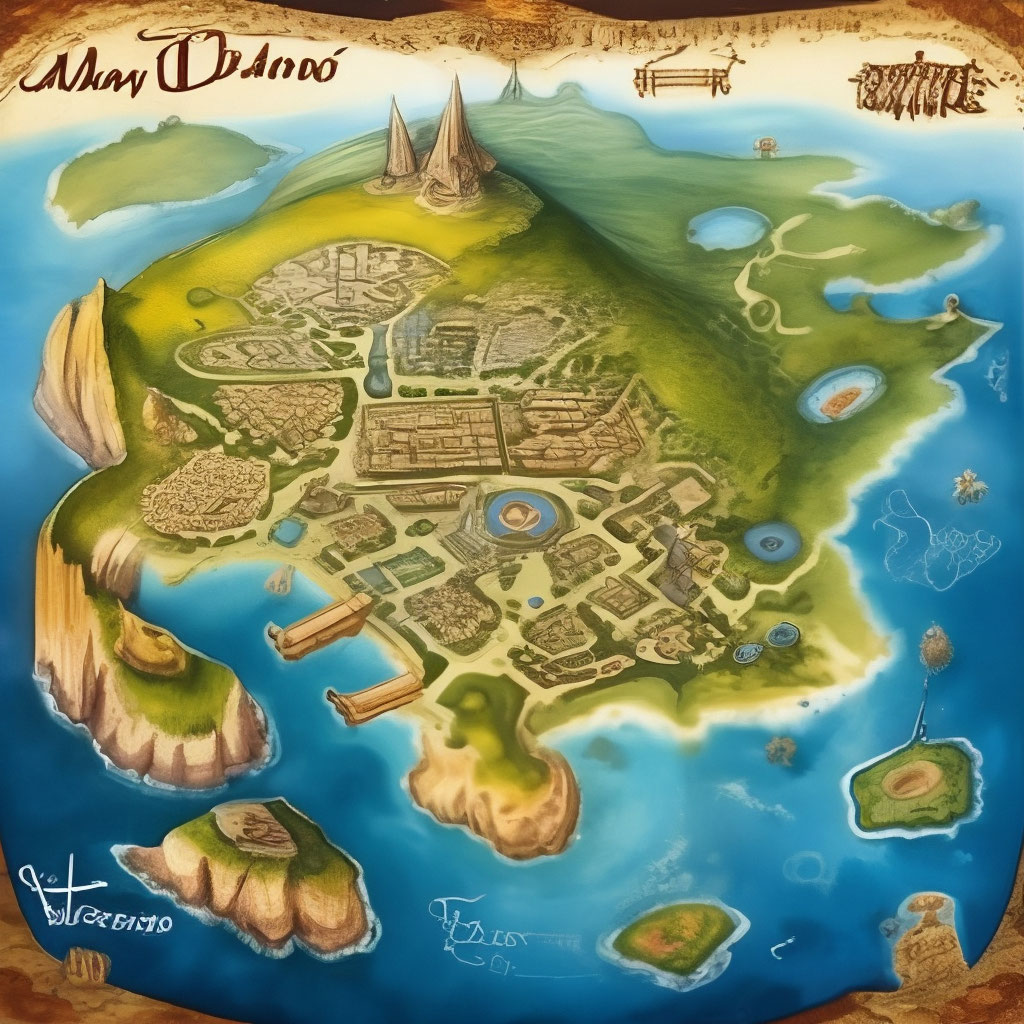 "A fantasy map of the island with a city, villages and a seaport. style ...