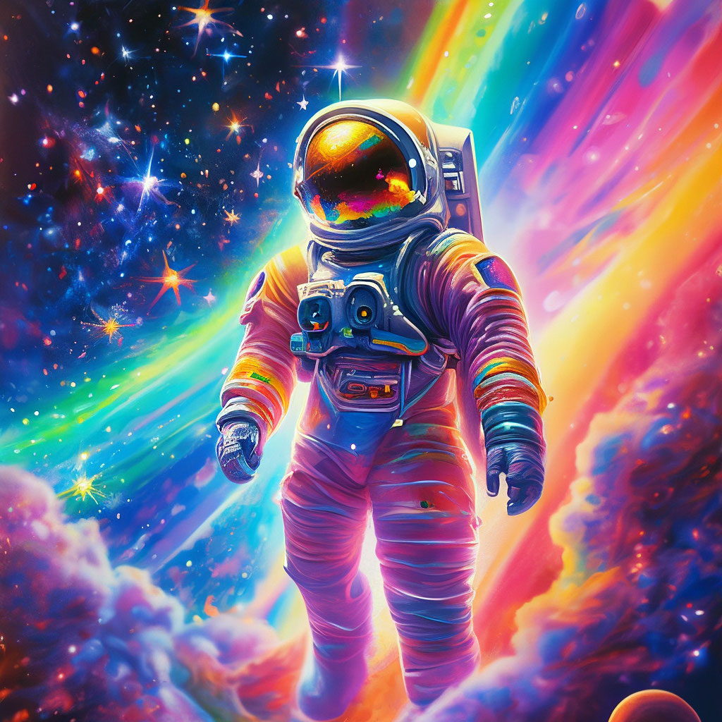 "Cosmos, cosmonaut in space, rainbow …" — image created in Shedevrum