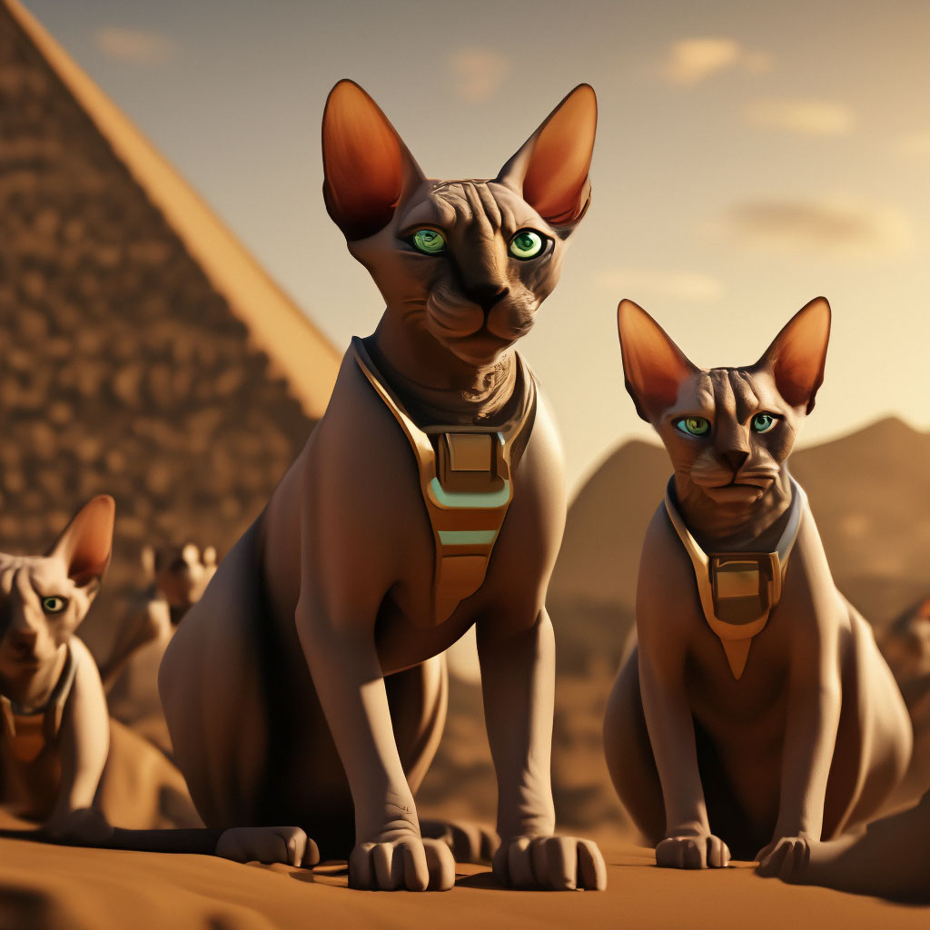"Sphinx cats in Egypt build a pyramid…" — image created in Shedevrum