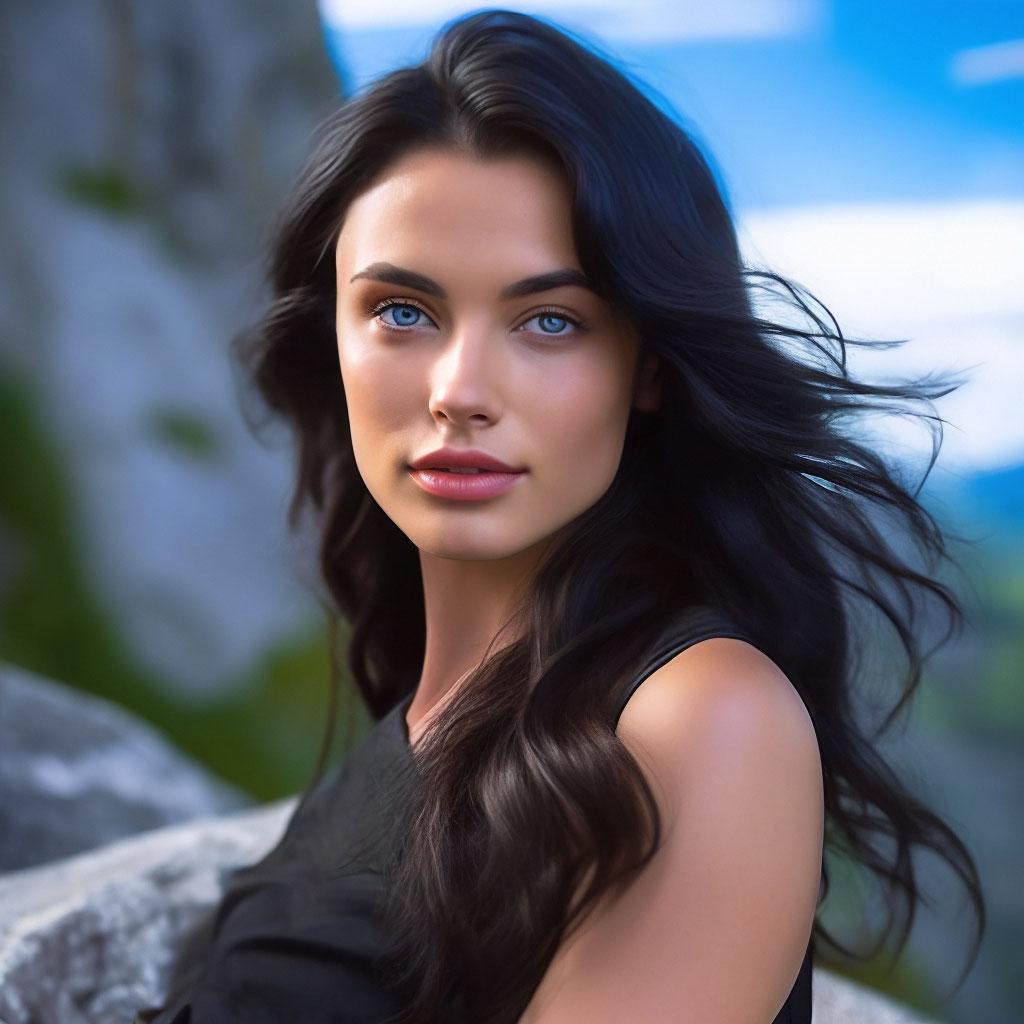 "A young, very beautiful woman on a mountain rock, 25 years old ...