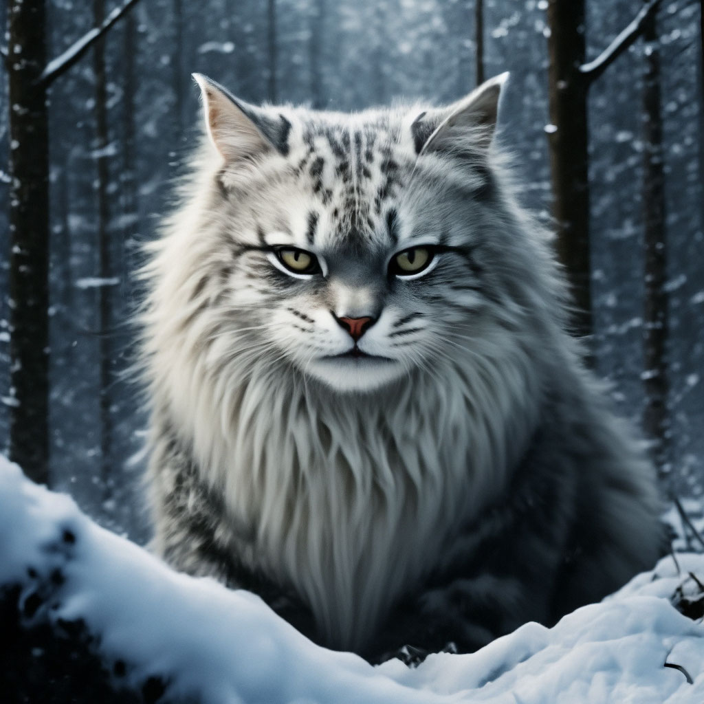 "Snow angry cat in the forest" — image created in Shedevrum