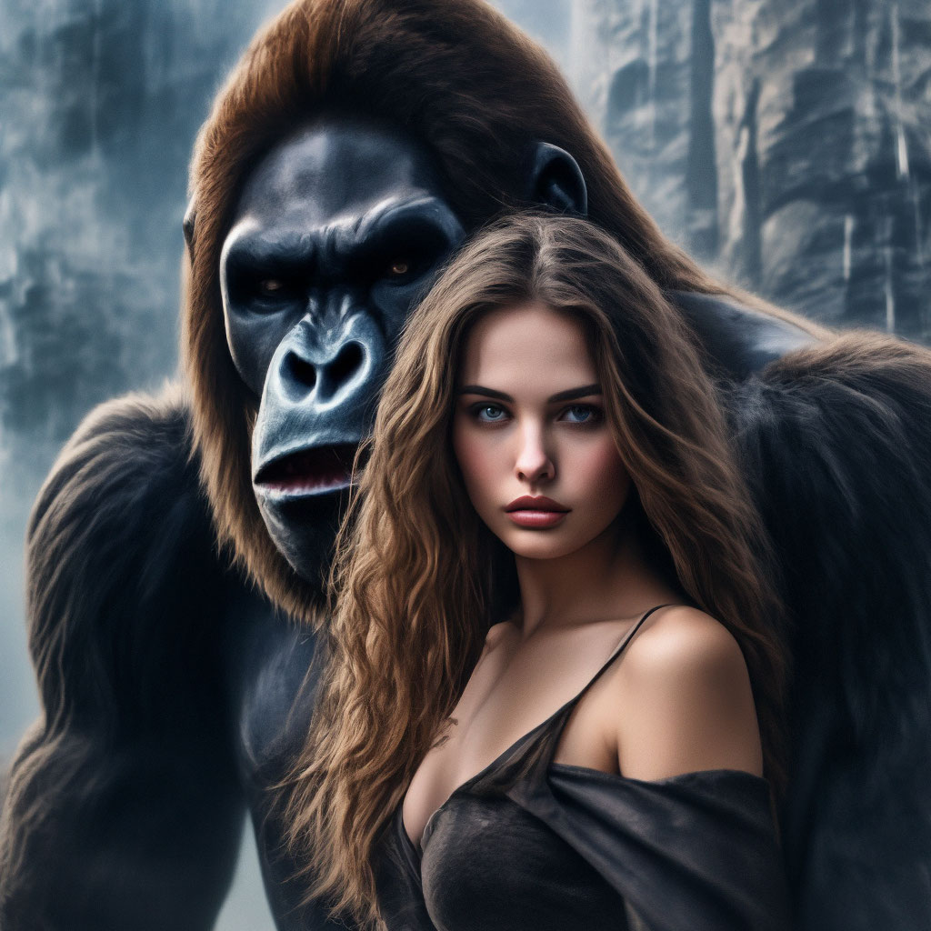 "Beautiful girl and king kong" — image created in Shedevrum