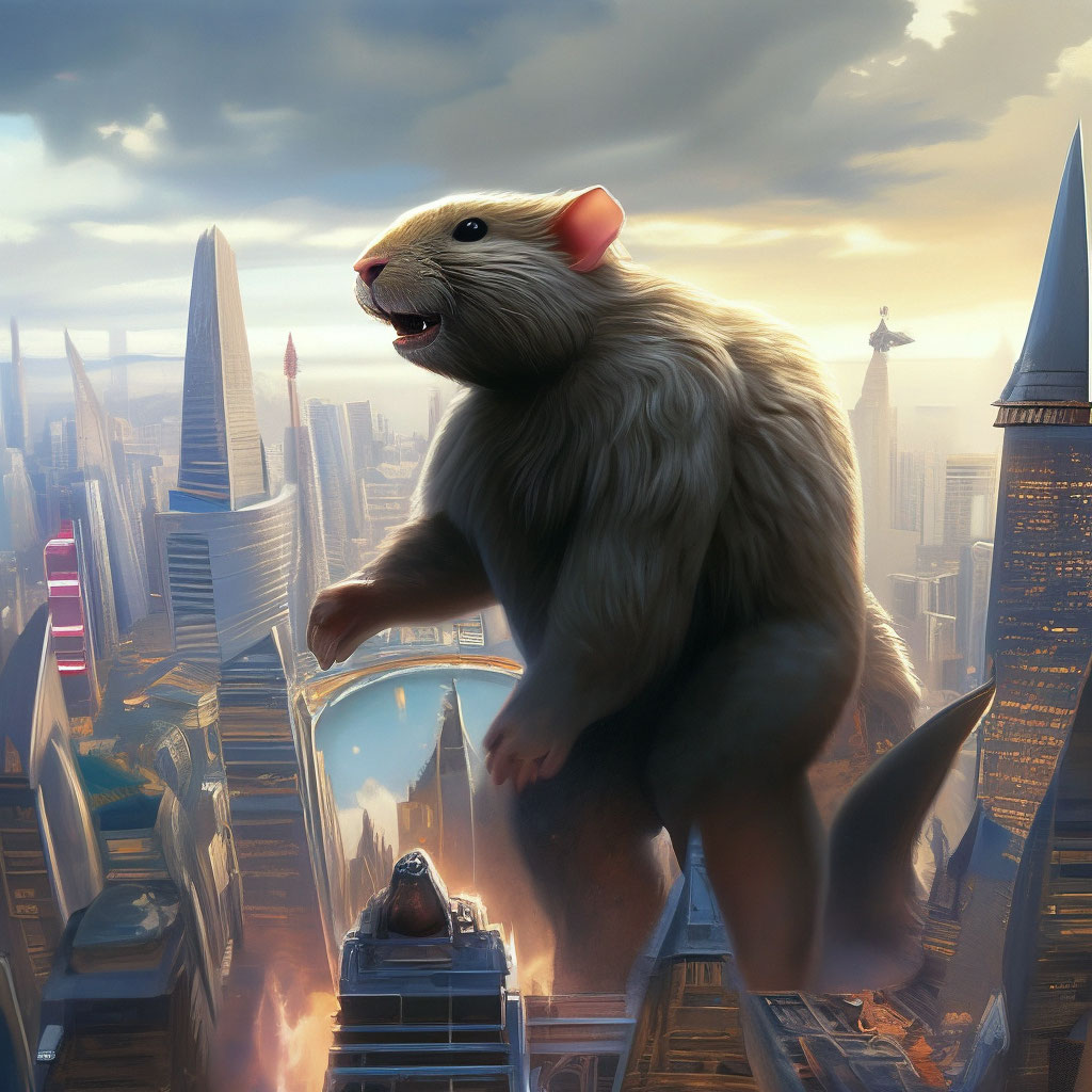 "Giant hamster- King Kong in the city" — image created in Shedevrum