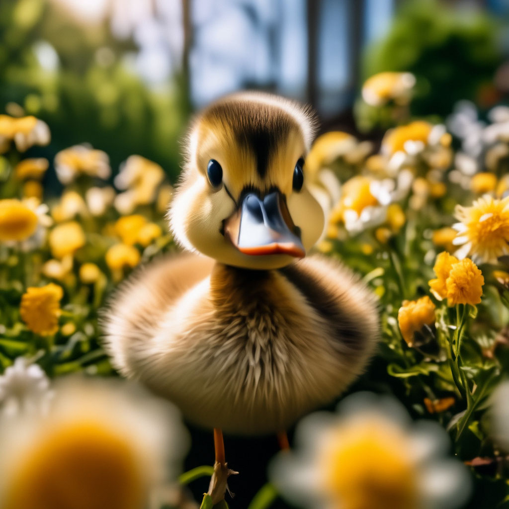 "Happy duckling in flowers" — image created in Shedevrum