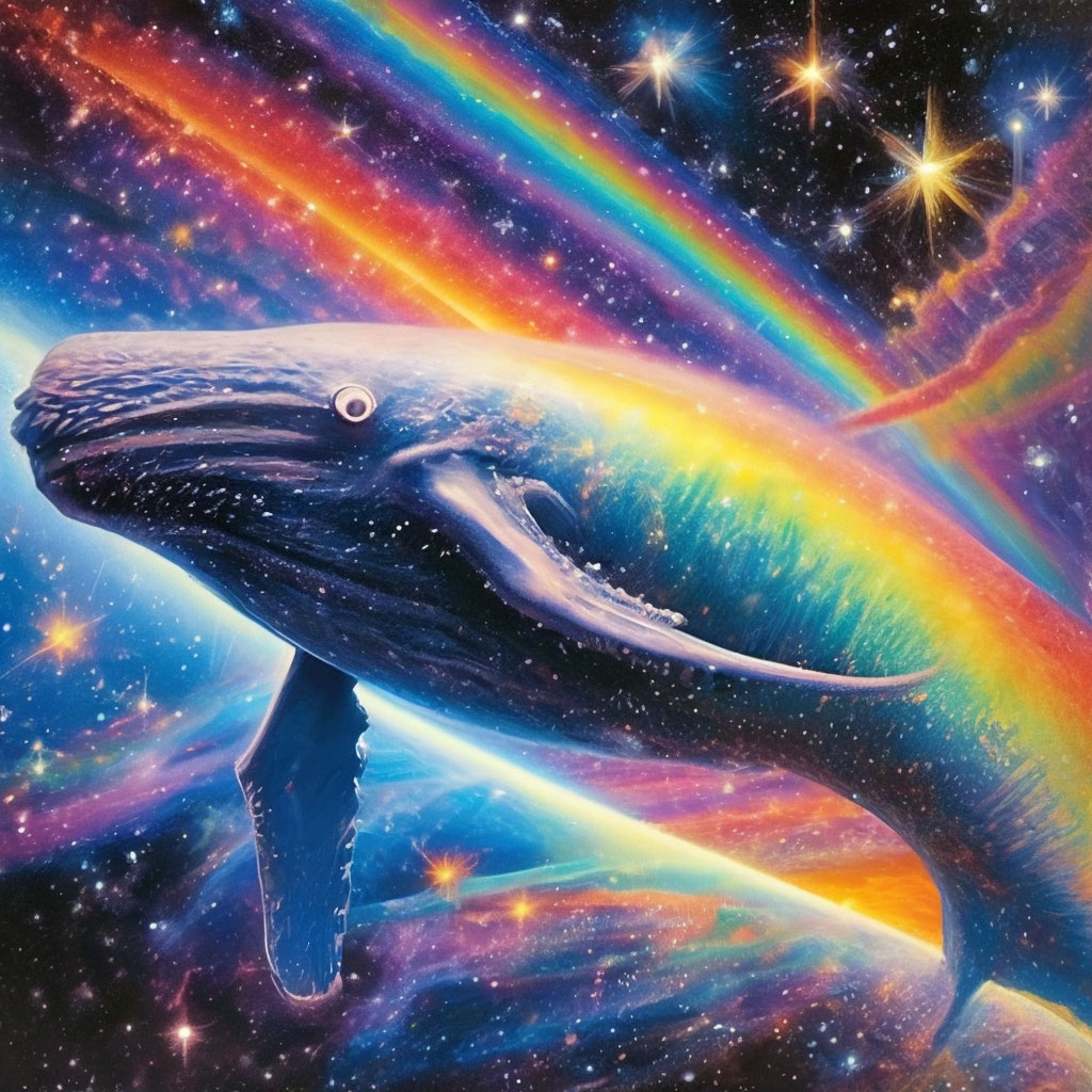 "Beautiful big A whale flies in space …" — image created in Shedevrum