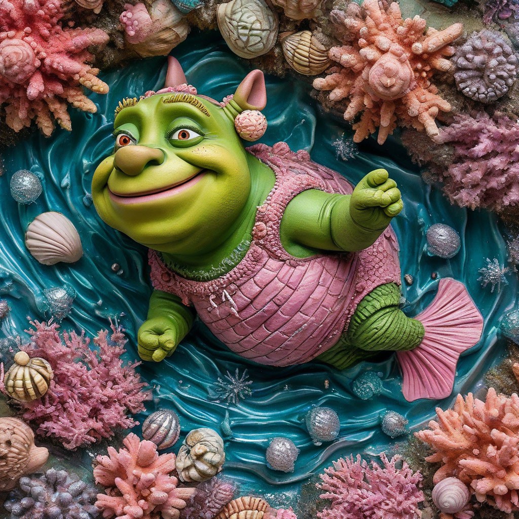 "Shrek is swimming in the sea, Shrek …" — image created in Shedevrum