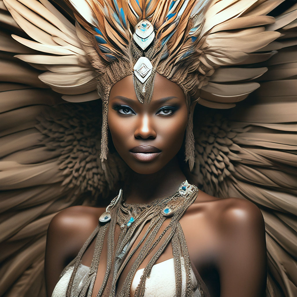 "Beautiful woman model, female body, queen of the desert, feathers and ...