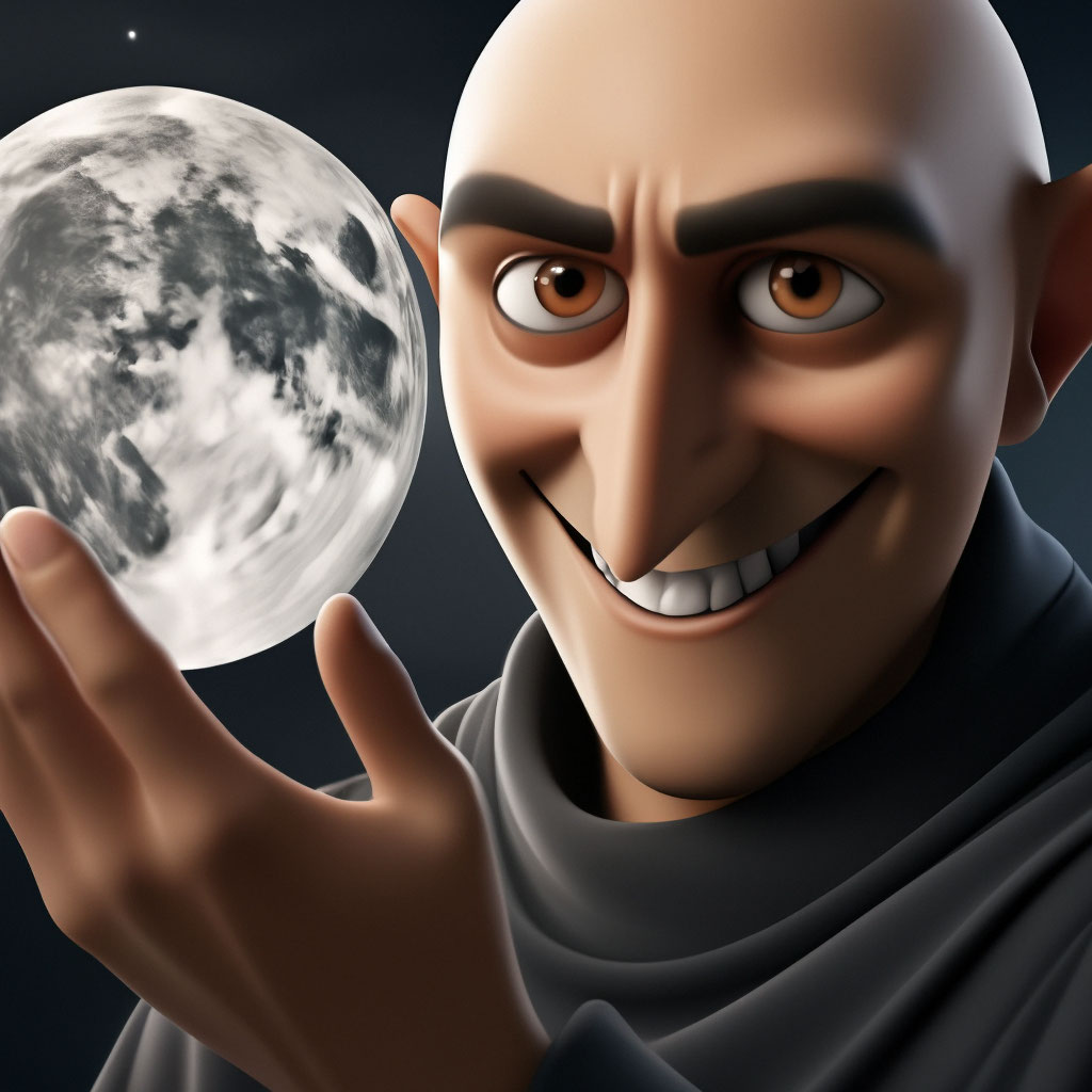 "Gru, holding the moon in his hands, …" — image created in Shedevrum