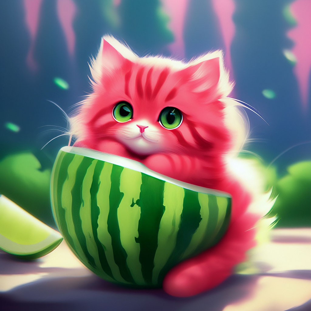Fluffy watermelon cat watermelon cat image created in Shedevrum