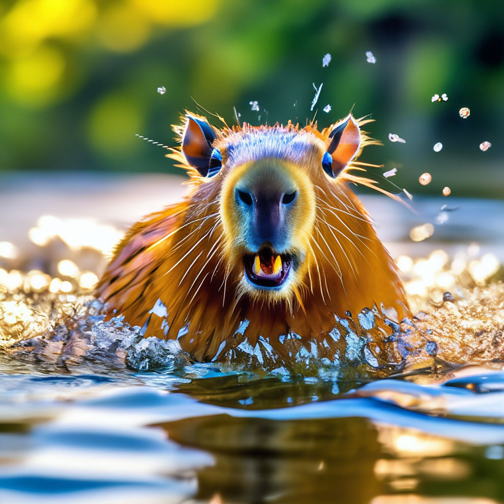 "The capybara runs through the water with its mouth open" — image ...