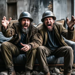 «Two homeless men in field helmets sitting on a tattered sofa yelling ...