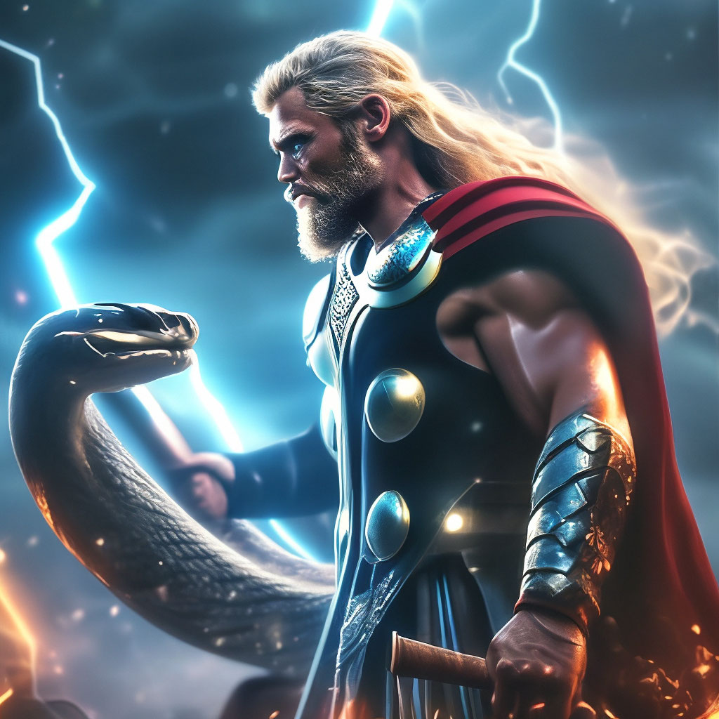 "Thor from Scandinavia looks at a huge…" — image created in Shedevrum