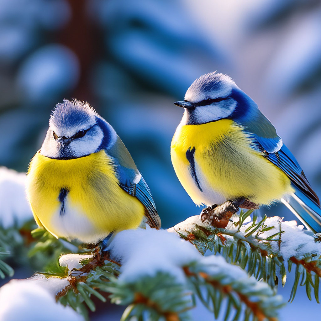 "Two blue birds with yellow bellies on a spruce branch, winter ...