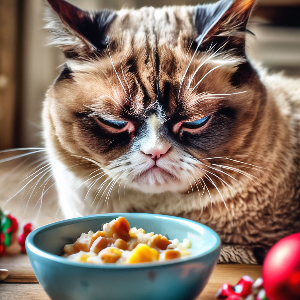 "Grumpy Cat, next to a bowl of porridge, discontent and reproach on the ...