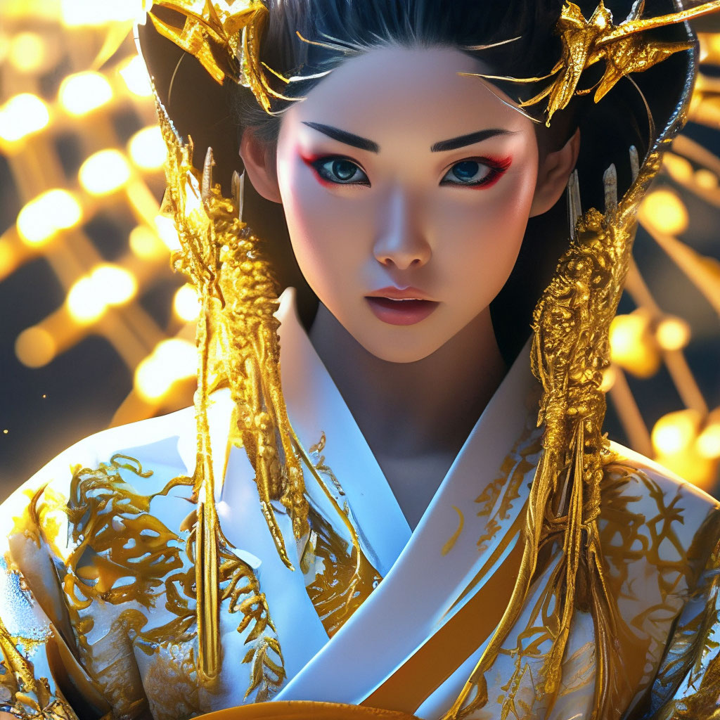 "Geisha spider girl in kimono, golden web, golden threads, hyperrealism ...