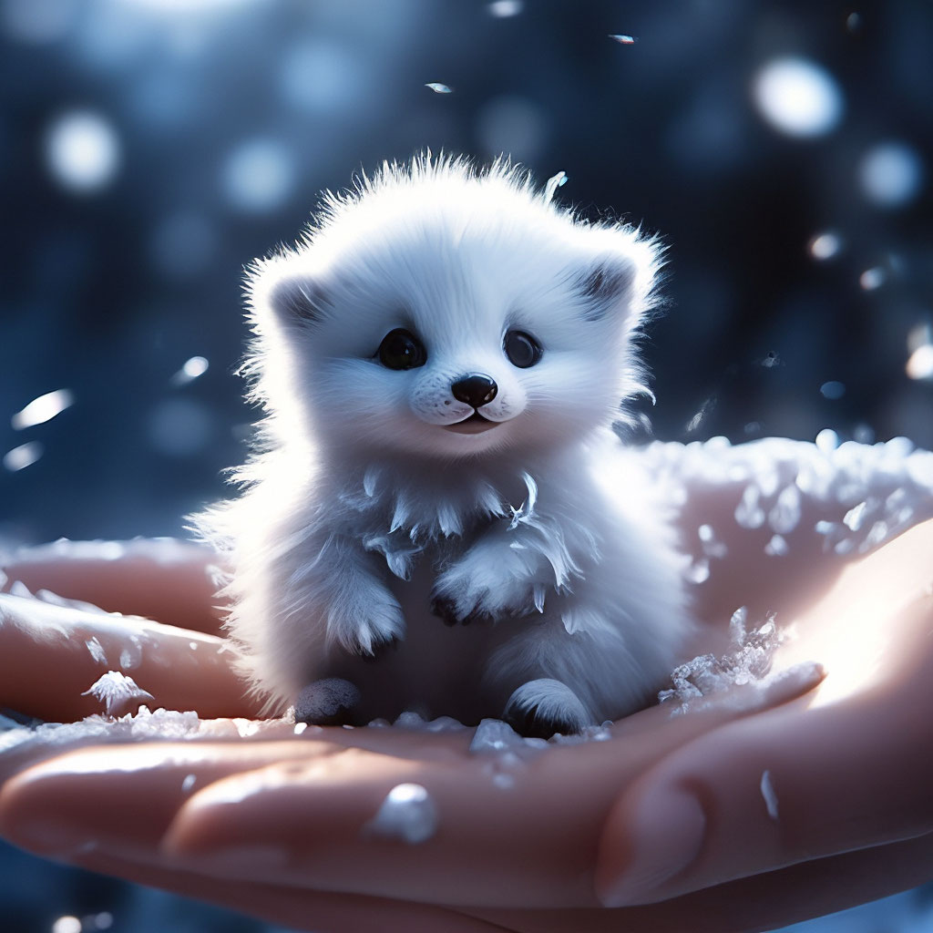 "A small, cute, icy furry animal sits on your hand, hyperrealism ...