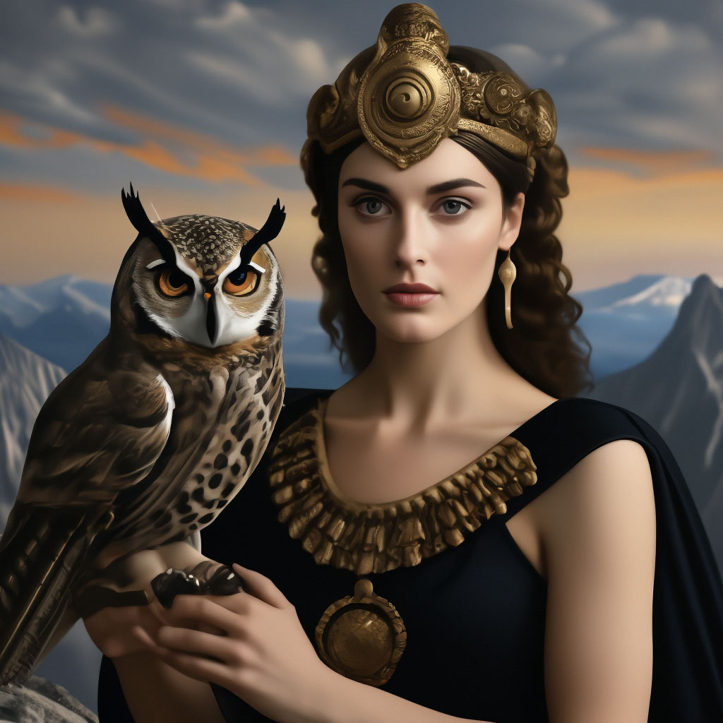"Evil goddess Athena and her vantablack superb owl familiar, background ...