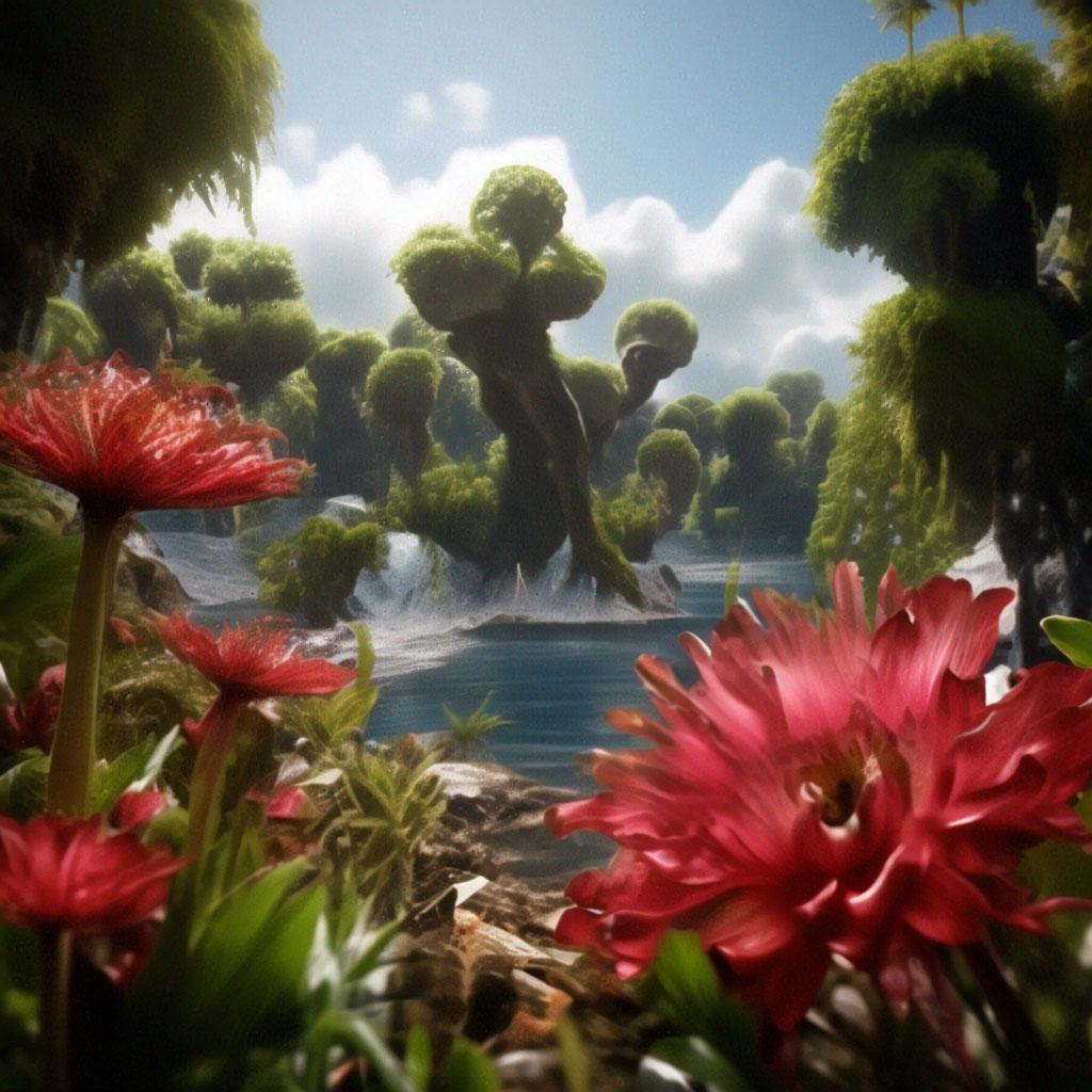 "Unusual jungle on the riverbank, clouds, bizarre flowers and plants by ...