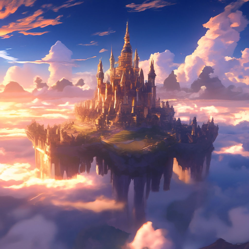 "There is a huge castle on a flying island above the clouds. Beautiful ...