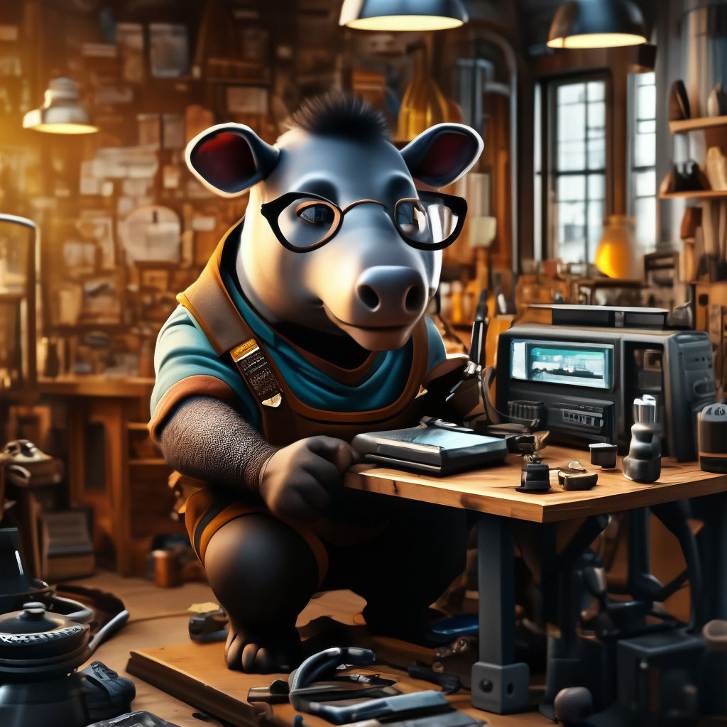 "A cheerful tapir mechanic with …" — image created in Shedevrum