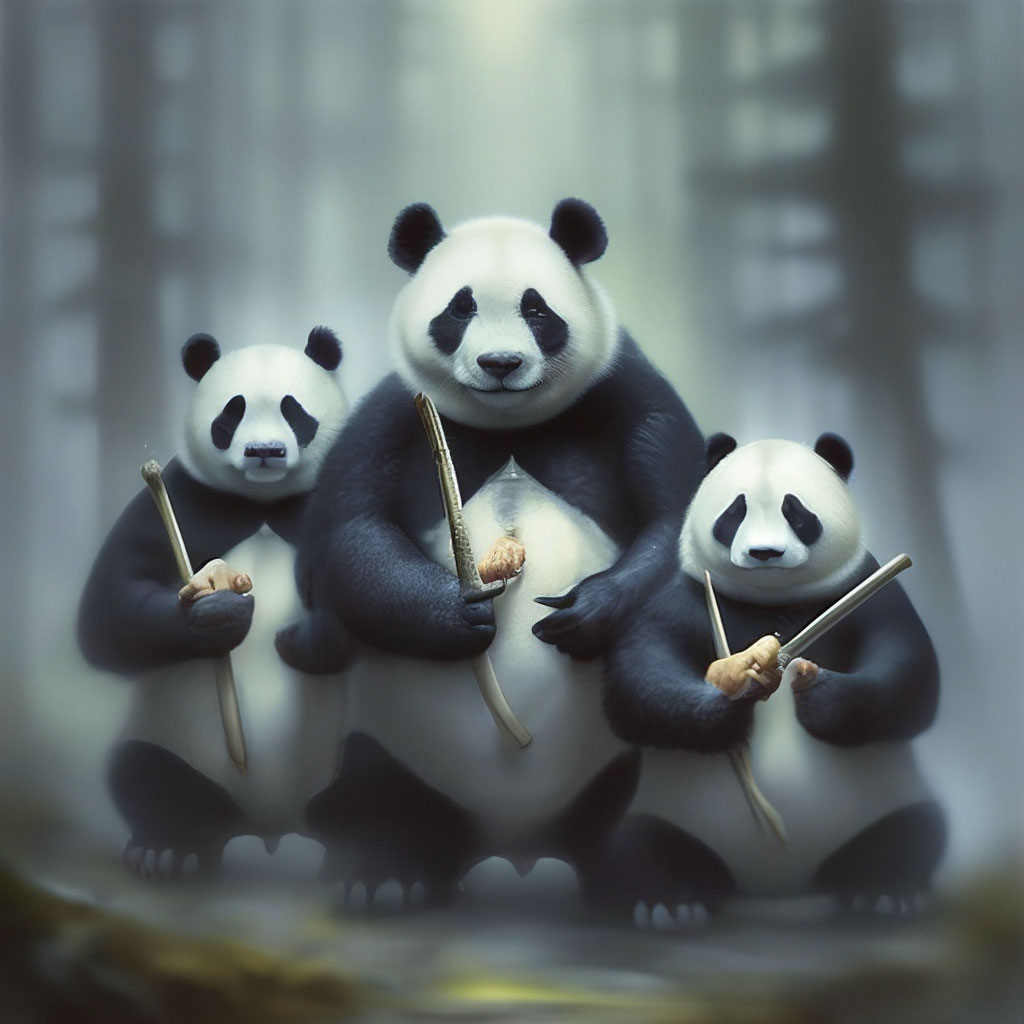 "Three very fat pandas with a bear cub" — image created in Shedevrum