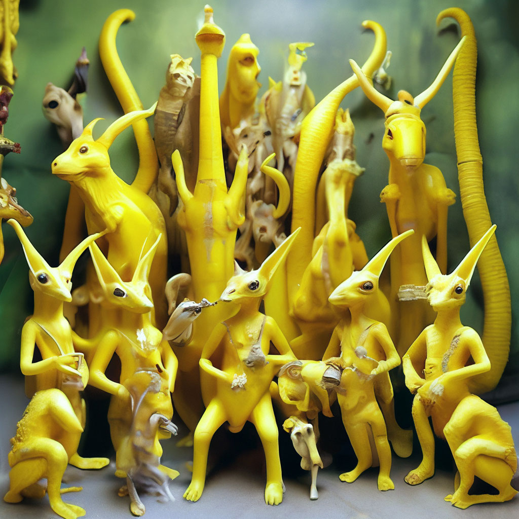 "Wax hybrids of mice and giraffes, many pieces of yellow color, epic ...