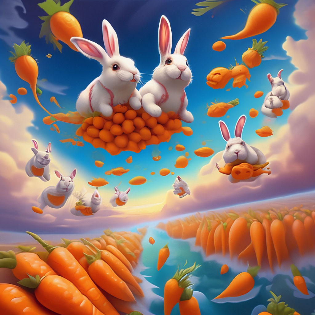 "Rabbits float across the sky, carrot …" — image created in Shedevrum