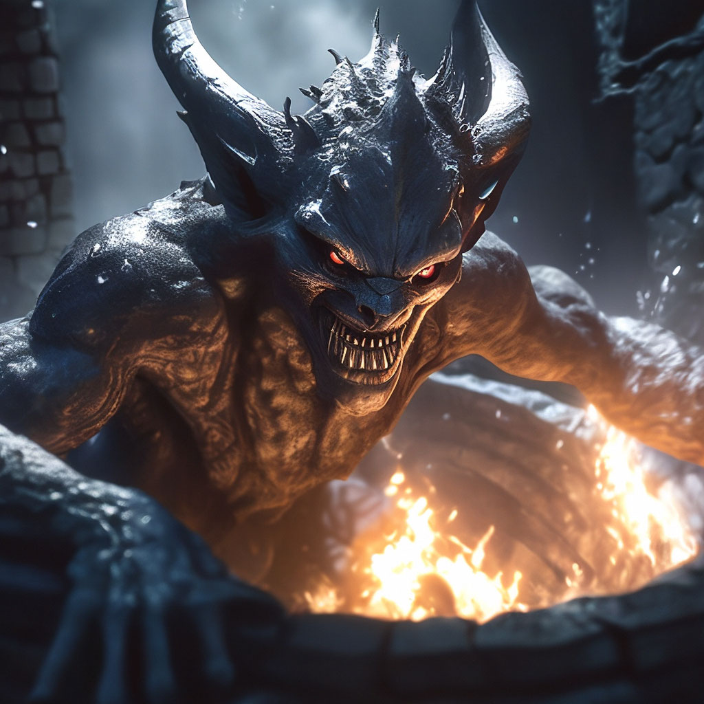 "Demonic demon gets out of the well in full growth, moonlight, old ...