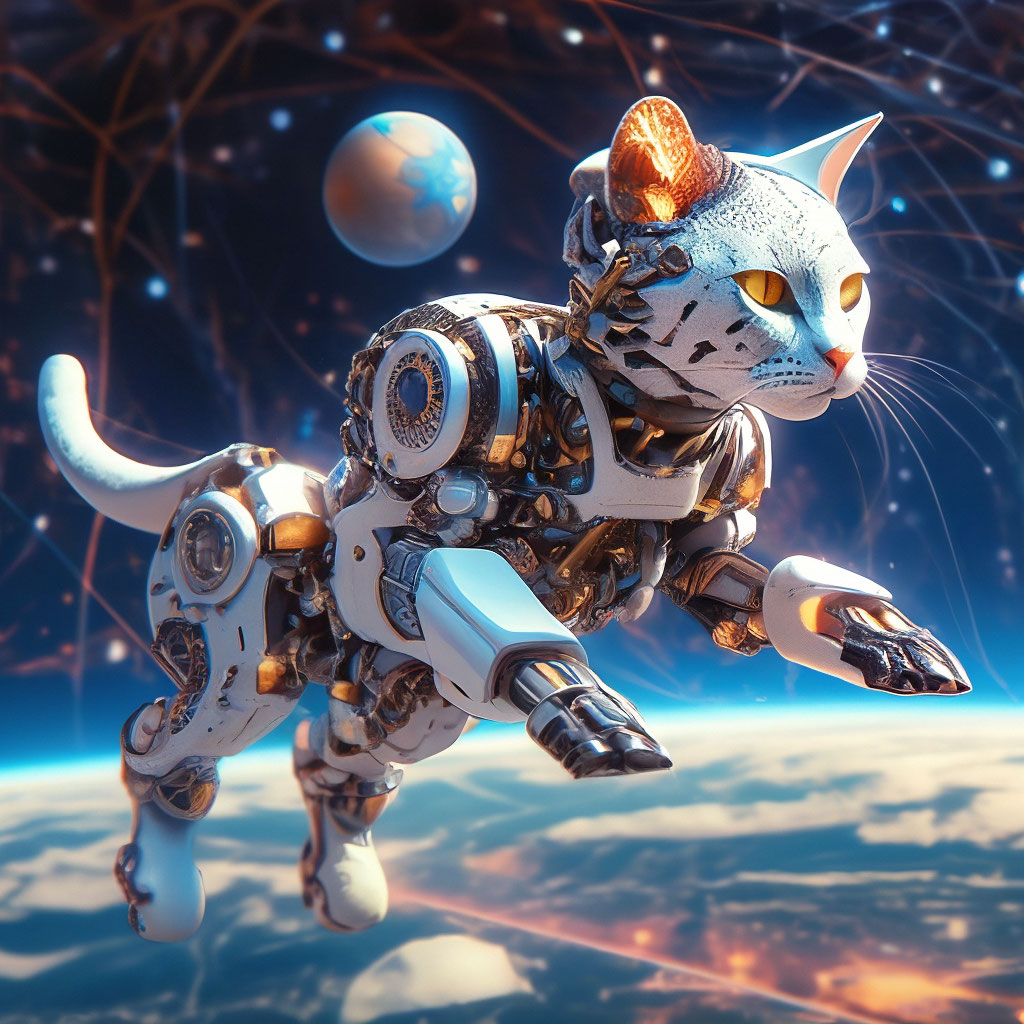 "Neural networks, cat robot detailing …" — image created in Shedevrum