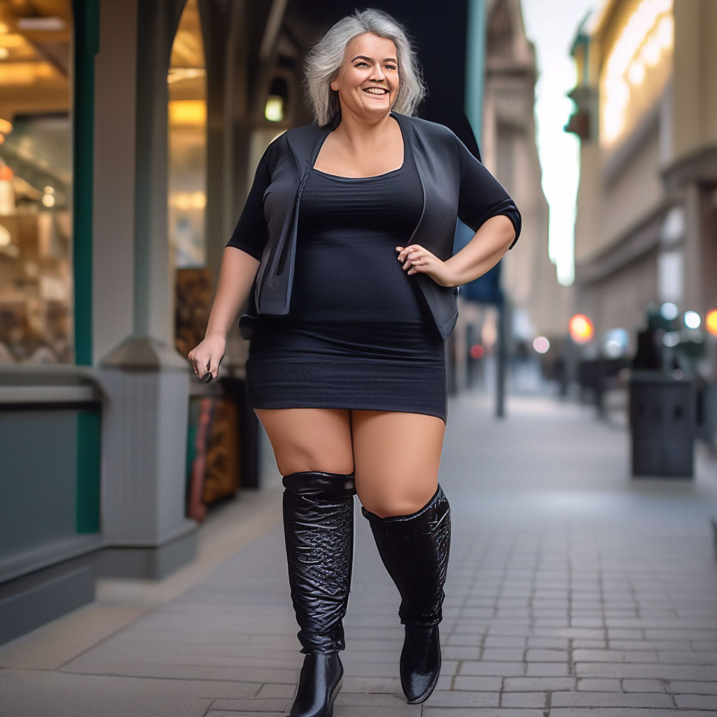 "Fat mature woman, 57 years old, wide hips, in black stockings, boots ...