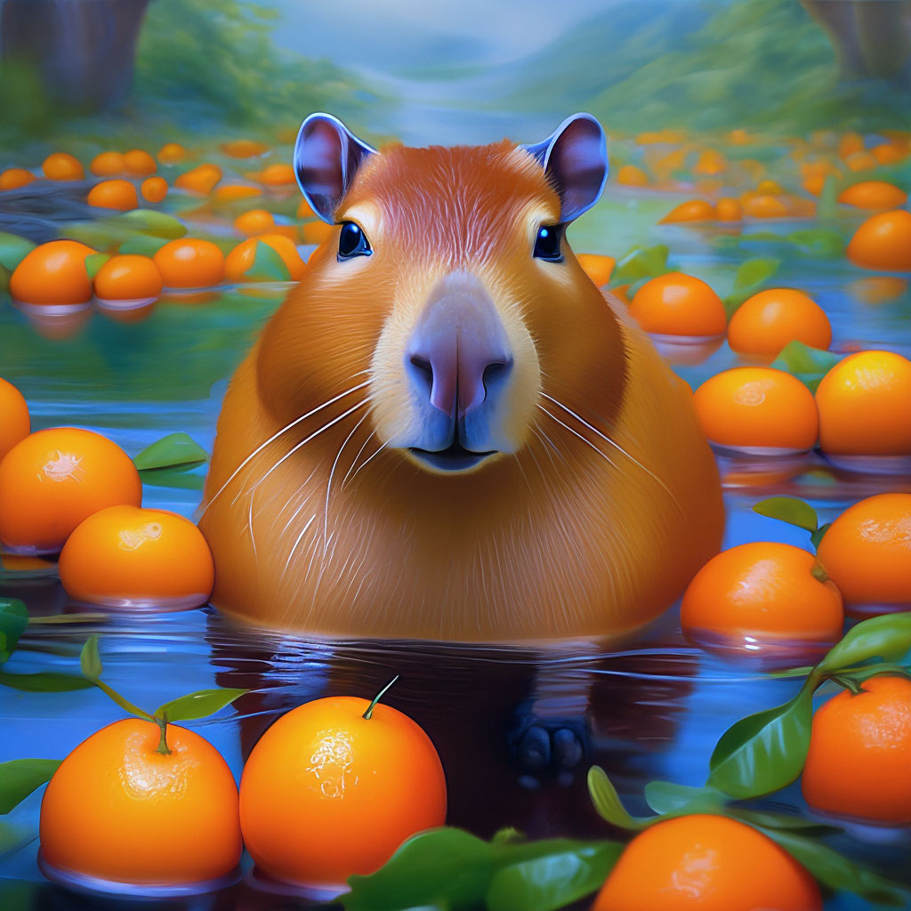 "Capybara with mandarin" — image created in Shedevrum