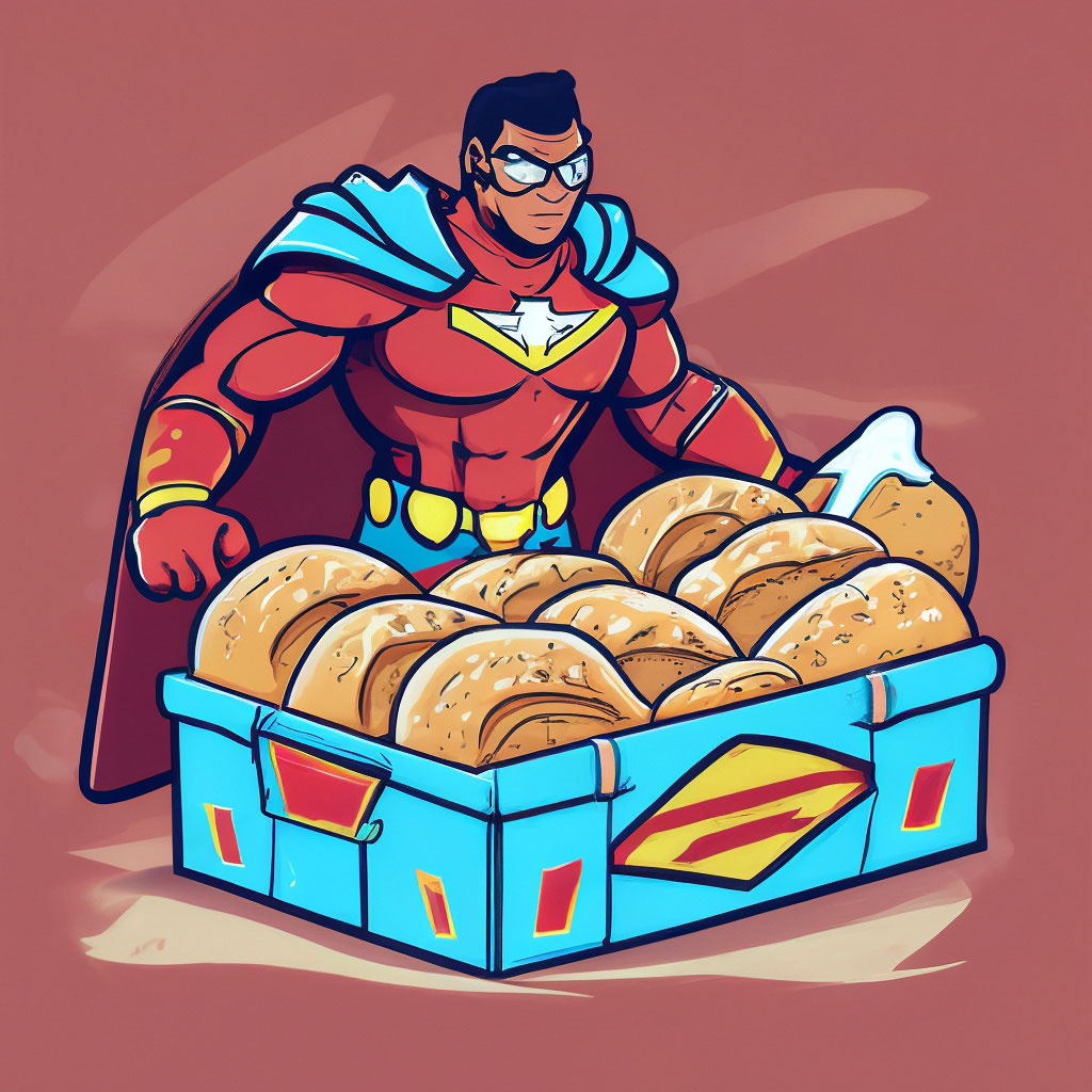 "The superhero is carrying a plastic crate of bread" — image created in ...