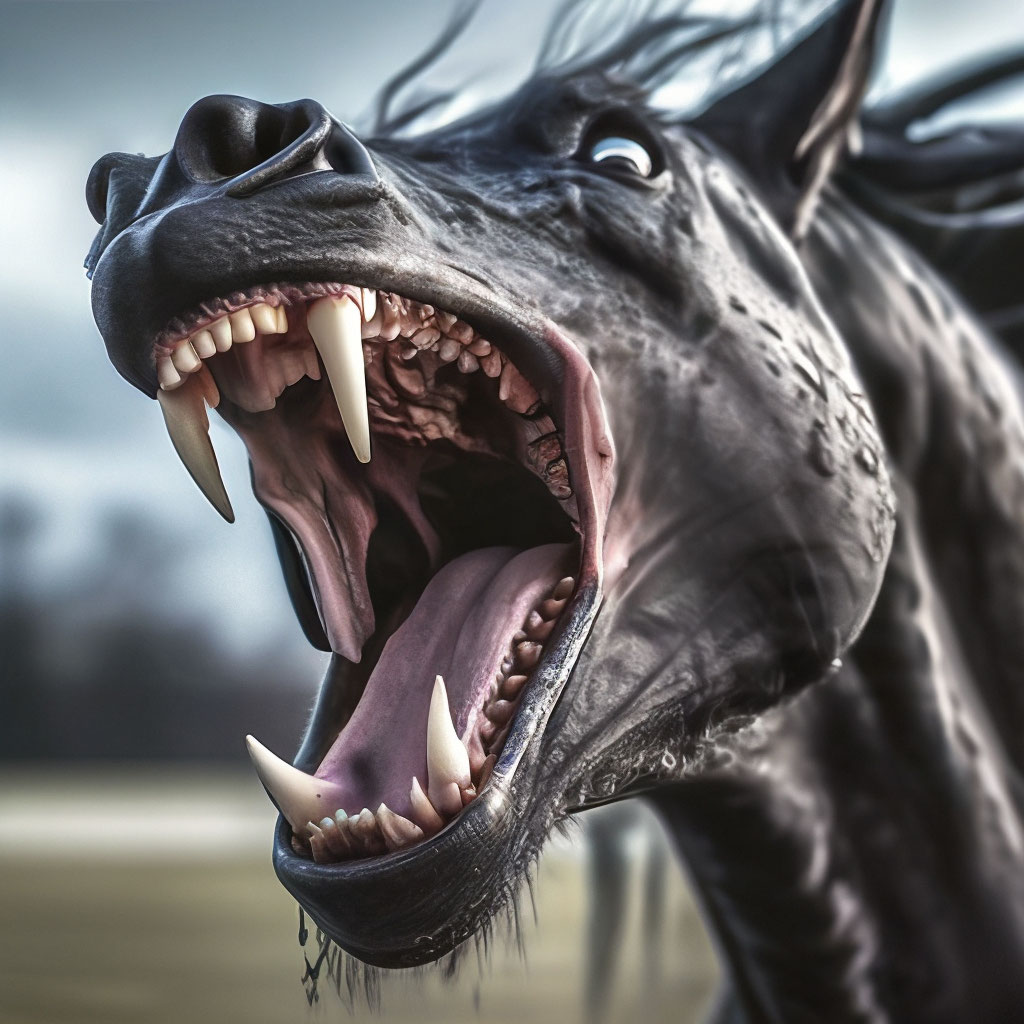 "Vampire horse big fangs real photo multigeneration cinematic ...