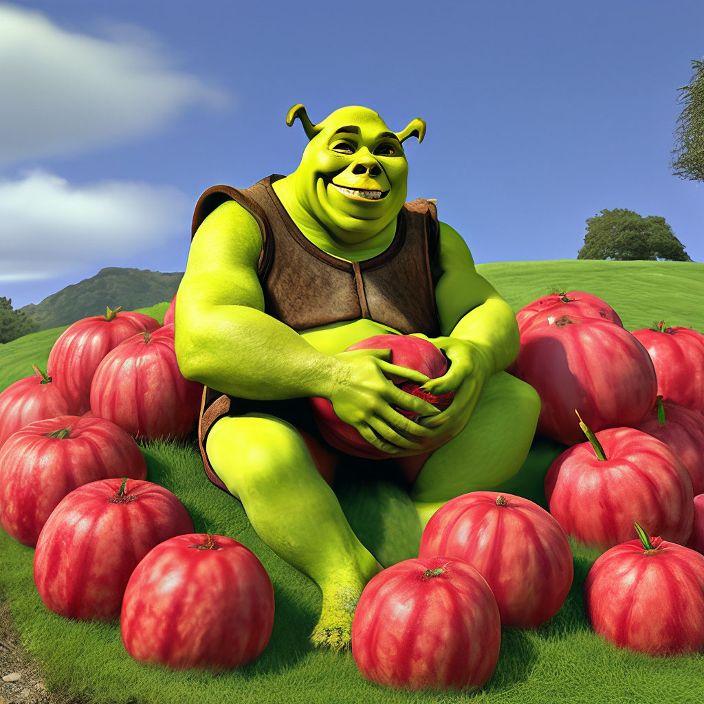 "Shrek with watermelons 🍉🍉🍉" — image created in Shedevrum