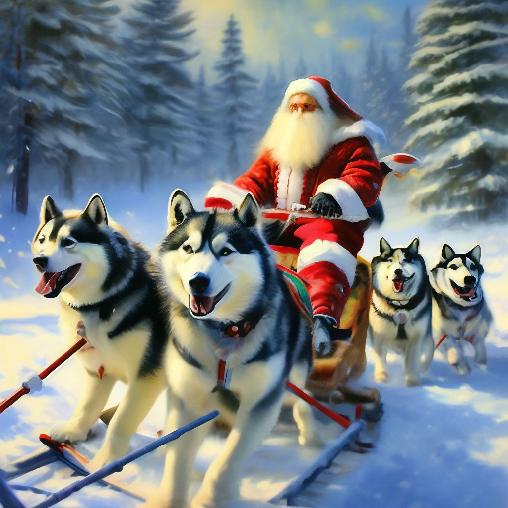 "Huskies are being sledged by Santa …" — image created in Shedevrum