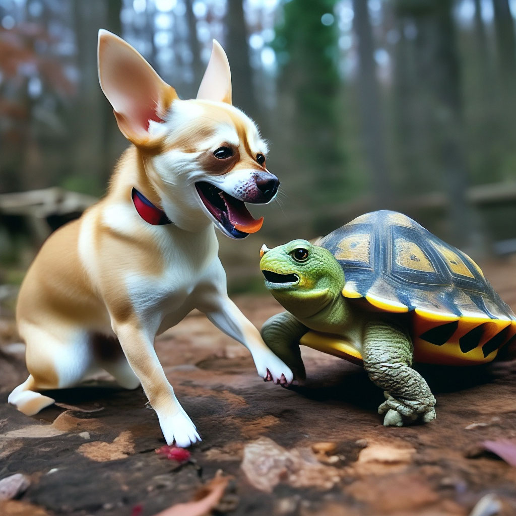 "An evil chihuahua attacked a turtle" — image created in Shedevrum