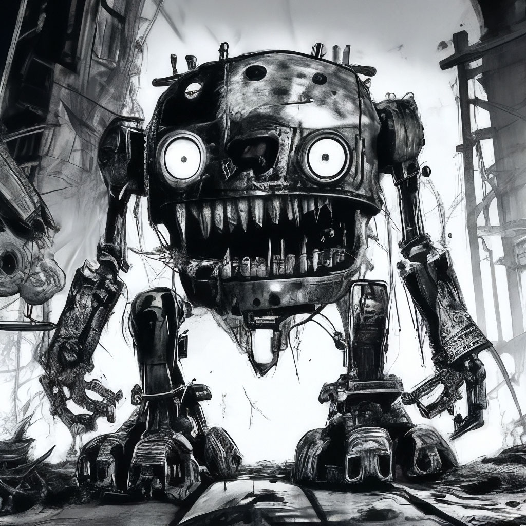 "Robot, with sharp teeth, white eyes, …" — image created in Shedevrum