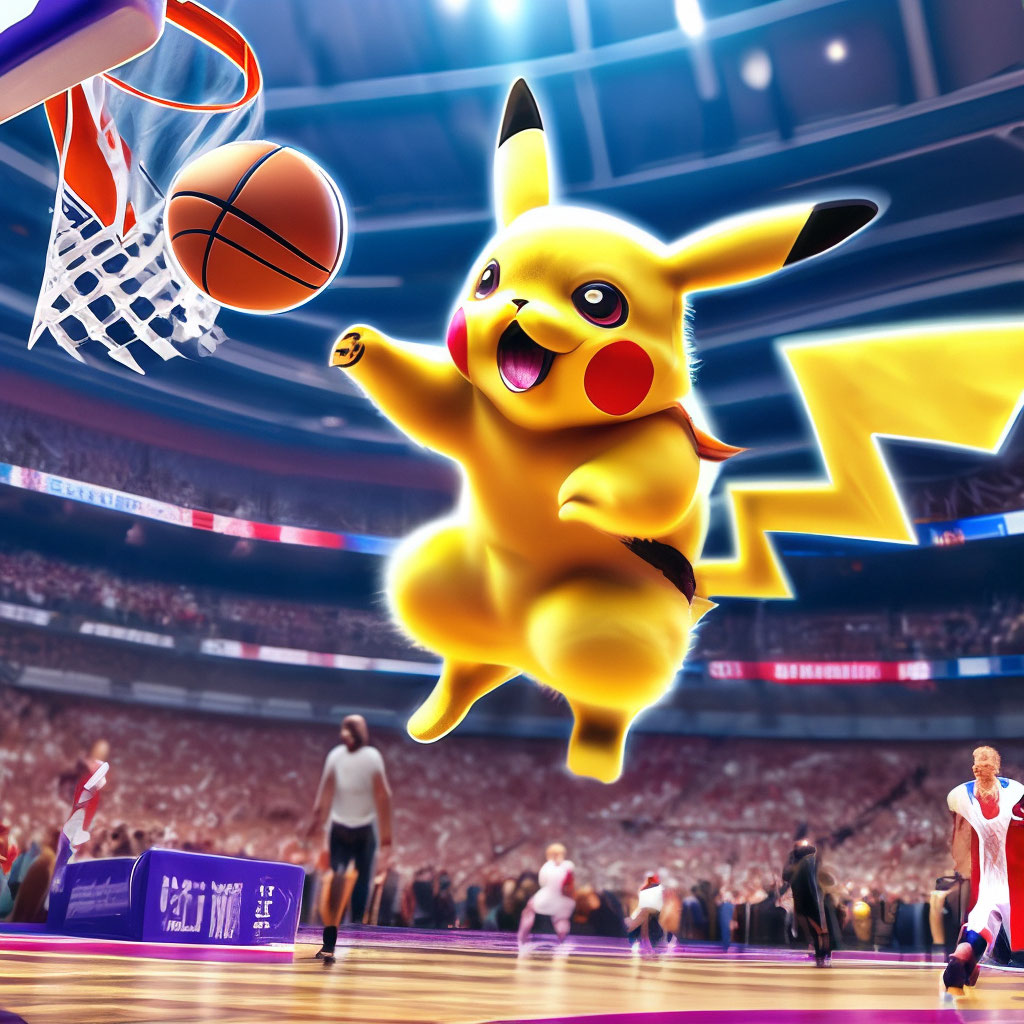 "Pikachu throws a dunk in a jump into the basketball hoop on the NBA ...