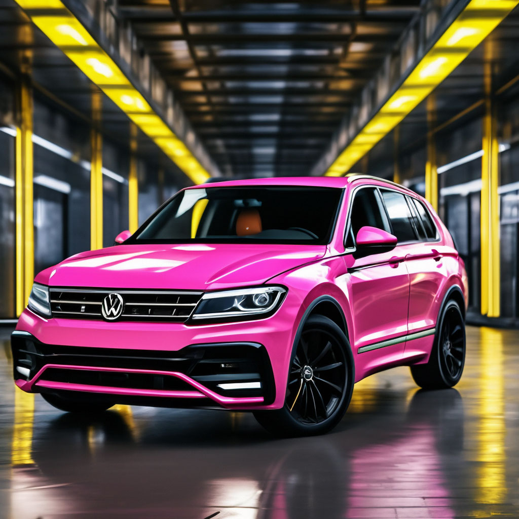 "Garage+yellow+elements, pink+volkswagen+tiguan, white light, halogen ...