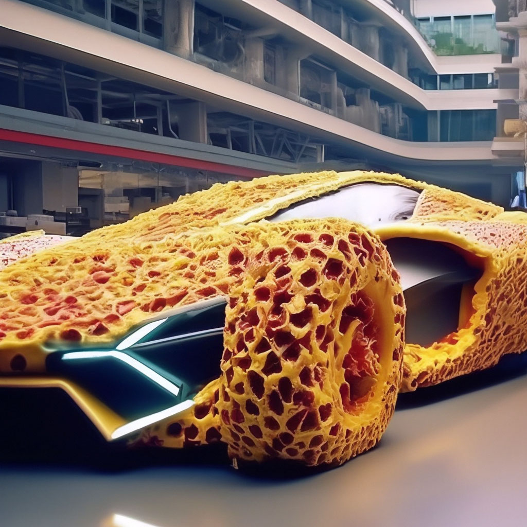 "A Lamborghini car made of pizza" — image created in Shedevrum