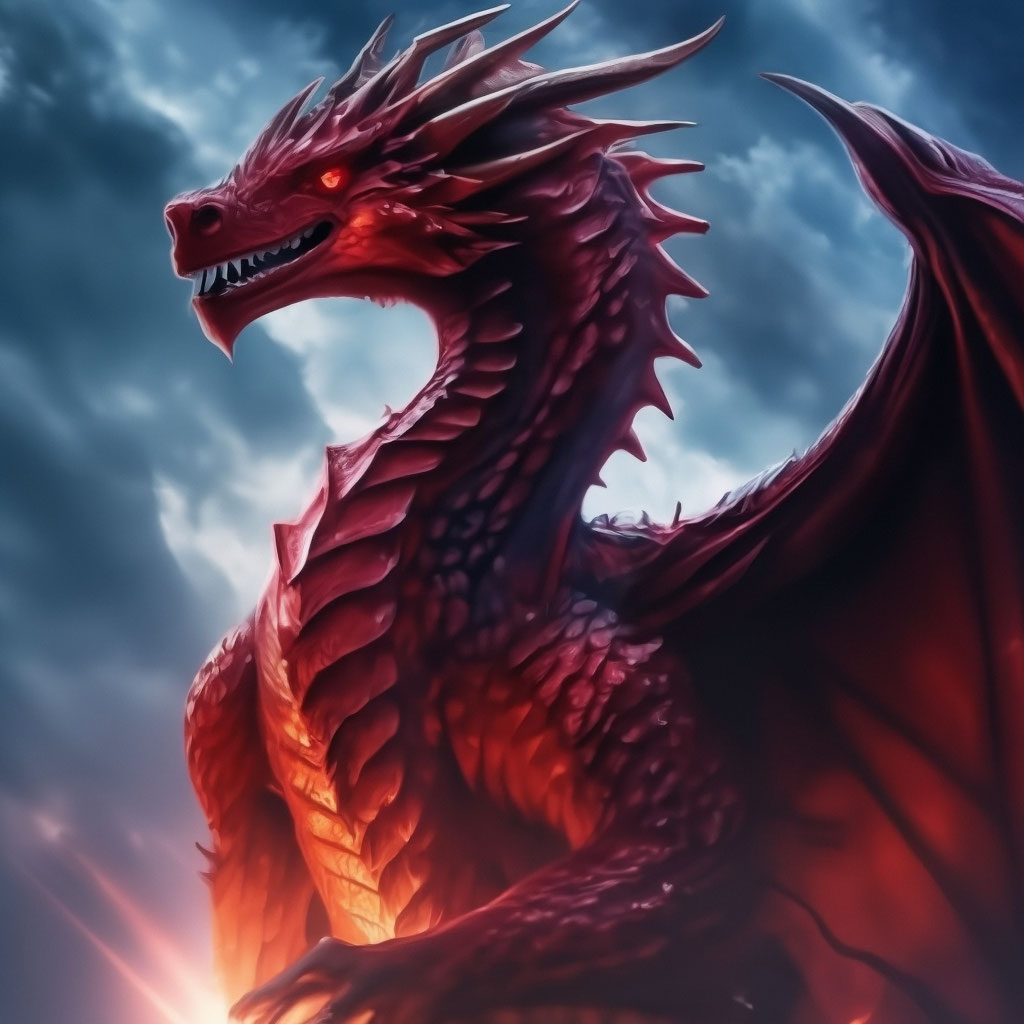 "A red dragon with big wings looks at a ray of light. against the ...
