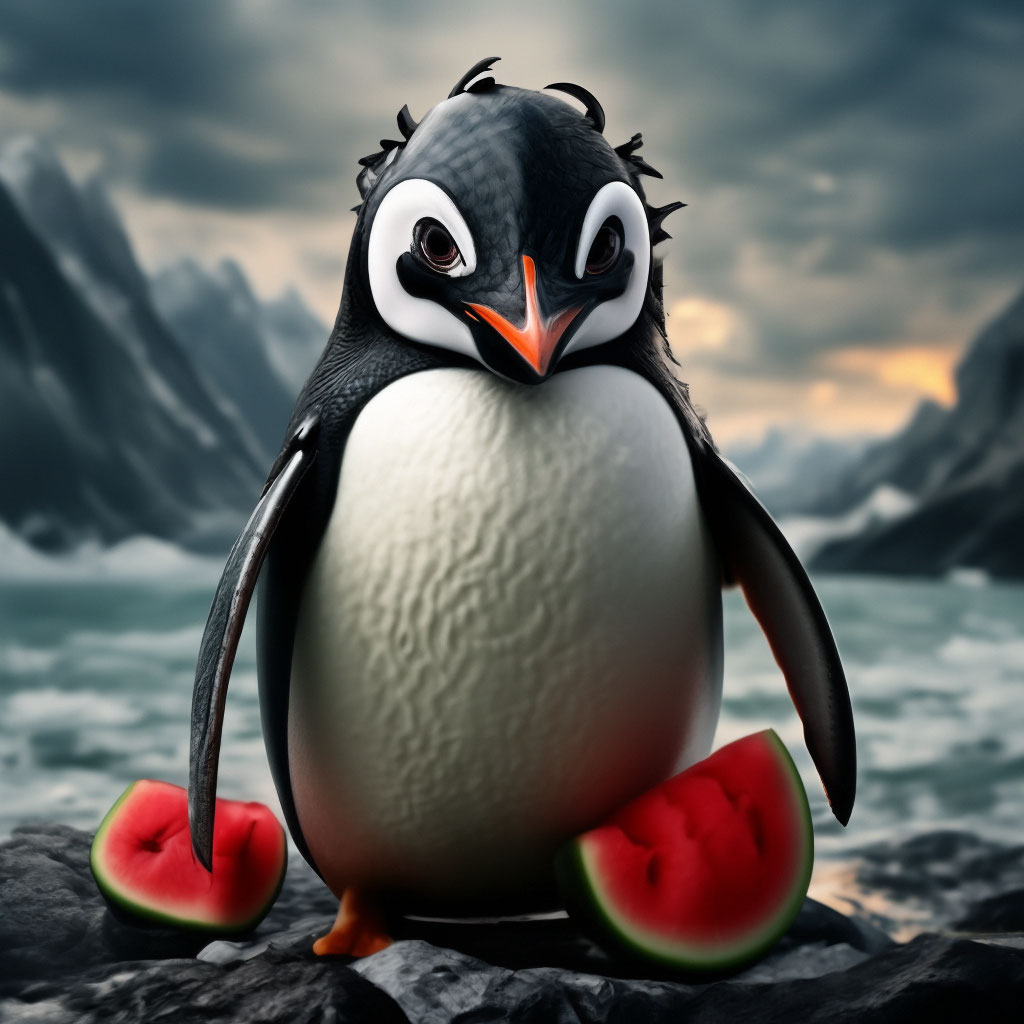 "Curly penguin with watermelon" — image created in Shedevrum