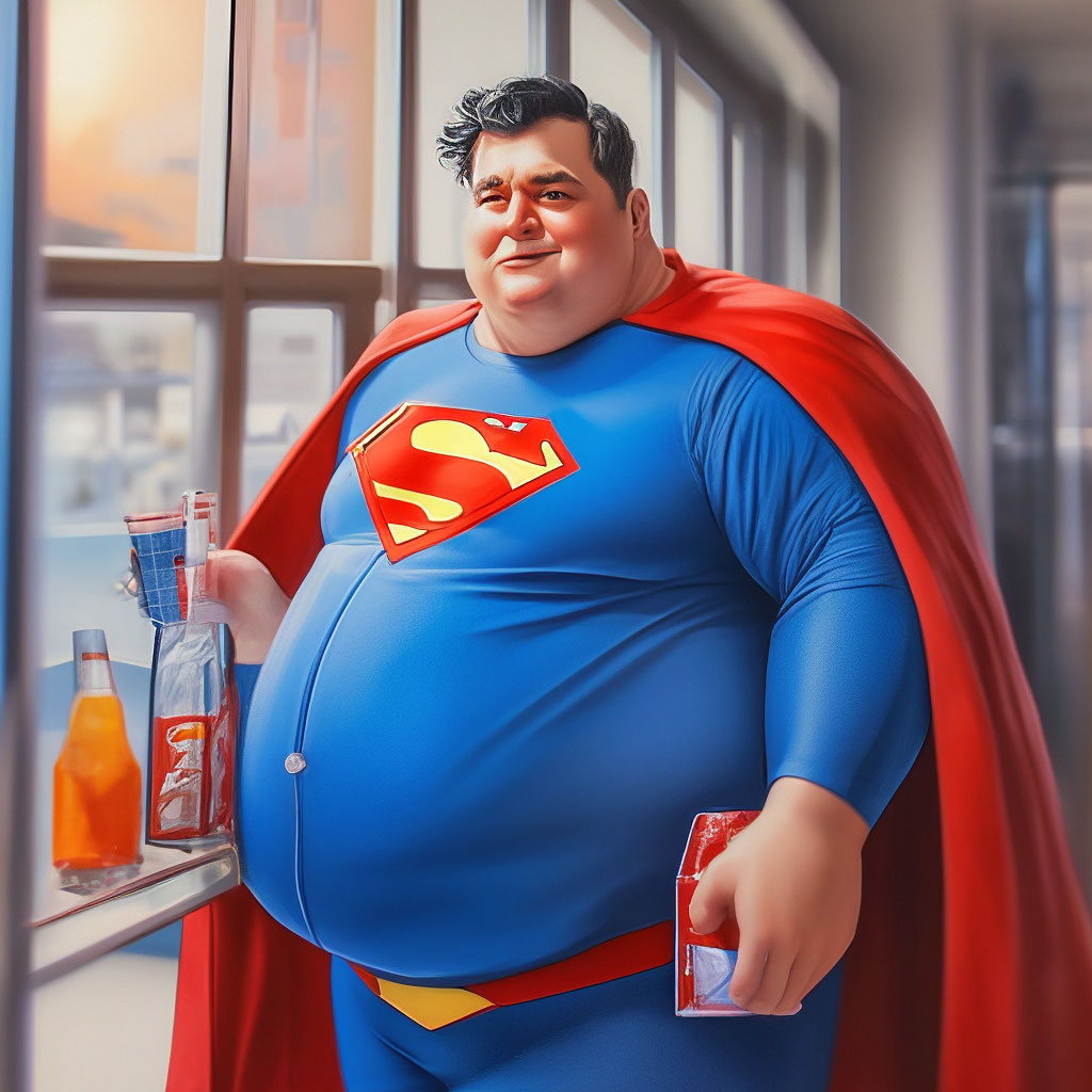 "Man, Superman costume, Fat, Blue suit, red cape, "S" logo, Short hair ...